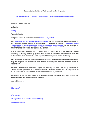 Fillable Online Template for Letter of Authorisation for Importer Fax Email Print - pdfFiller