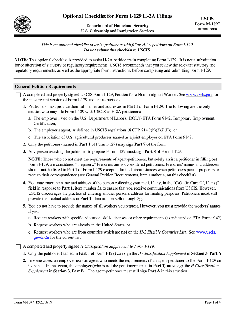 Fillable Online uscis NOTE: This optional checklist is provided to assist H-2A petitioners in ...