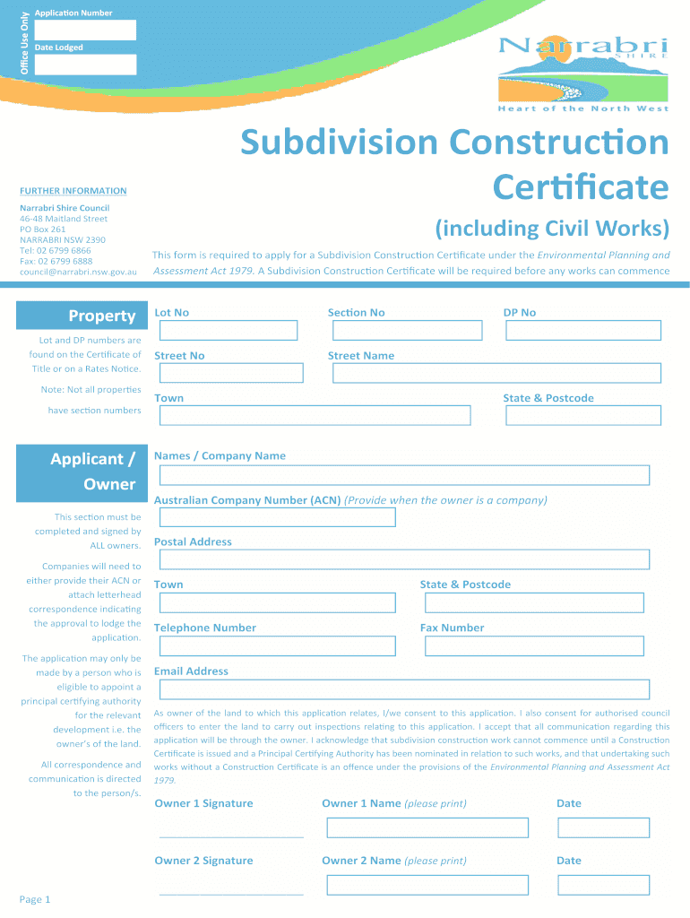 Fillable Online Subdivision Construction Certificate Application - Narrabri Shire ... Fax Email ...