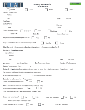 Fillable Online Insurance for Performing Arts Starter Application for ...