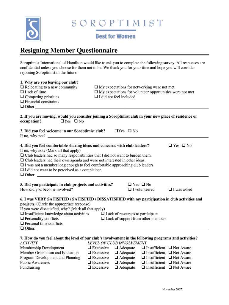 Fillable Online sihamilton Resigning Member Questionnaire Fax Email ...