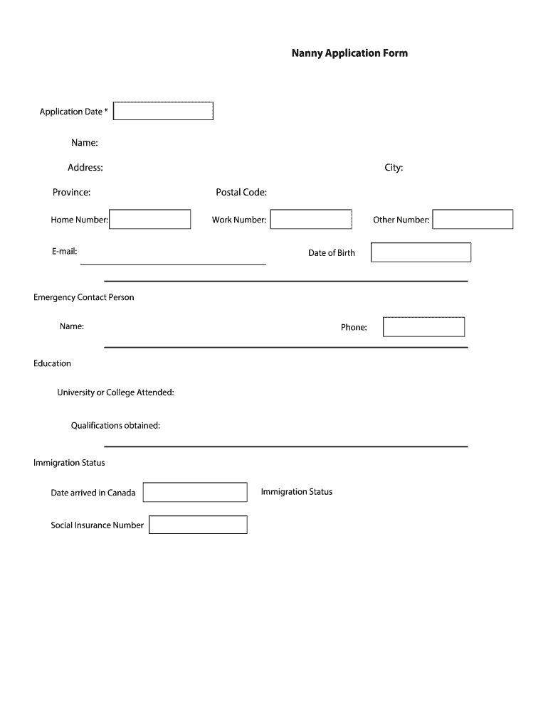 Fillable Online Nanny Application Form - Shelly's Nannies Inc Fax Email ...
