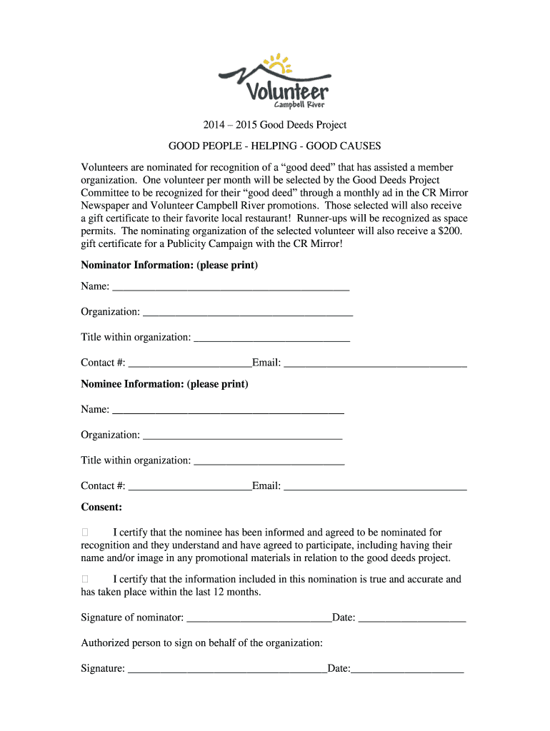 Fillable Online volunteercr 2014-2015 Good Deeds Project Nomination ...