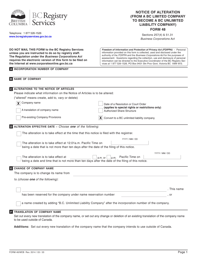 Fillable Online notice of alteration - BC Registry Services Fax Email ...