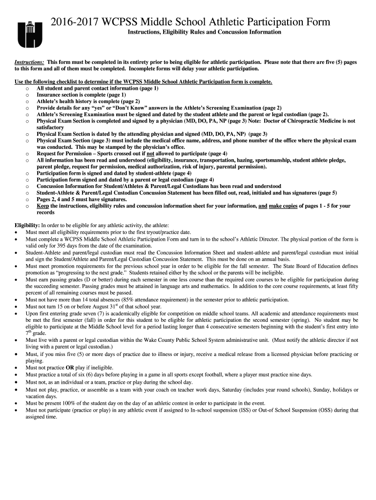 Fillable Online Wake County Public School System Middle School Athletic ...