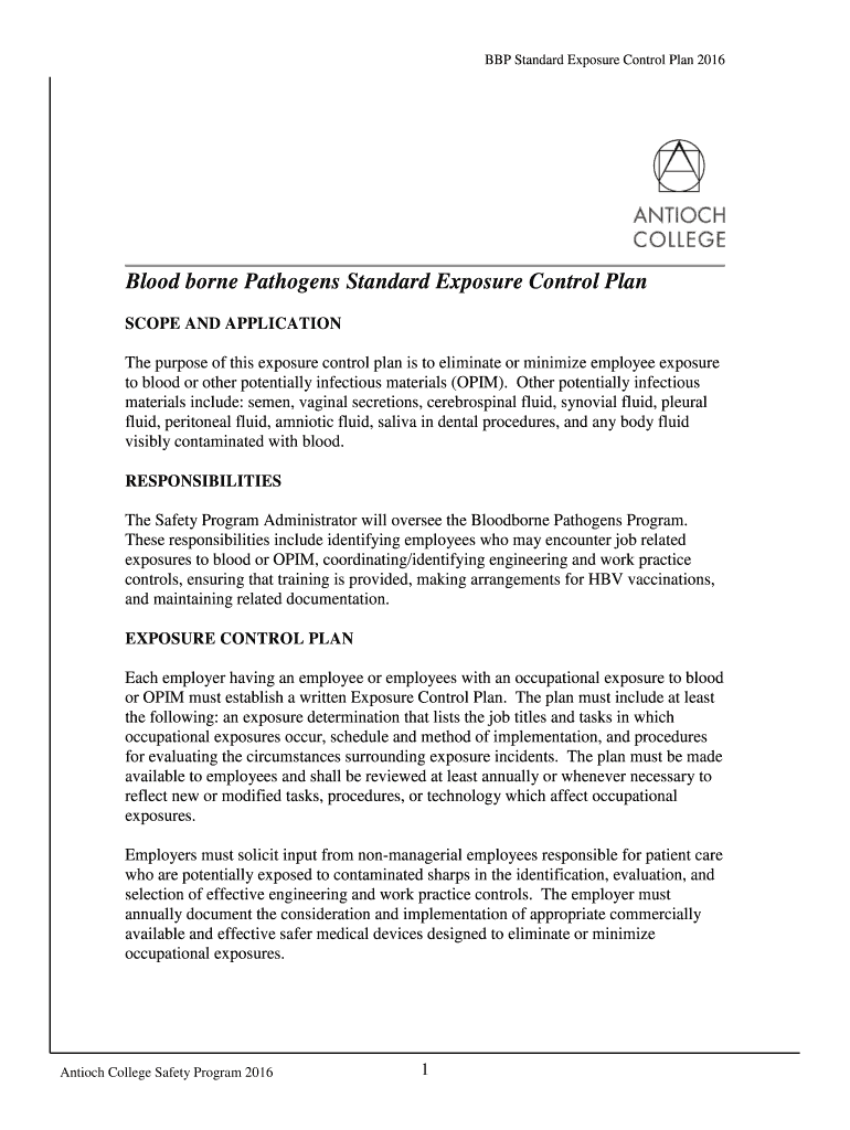 Fillable Online antiochcollege Blood borne Pathogens Standard Exposure ...