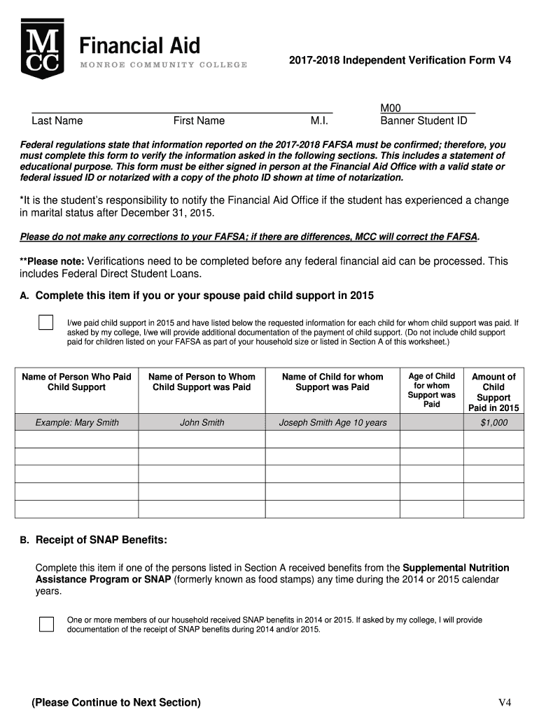 Fillable Online monroecc 2017-2018 Independent Verification Form V4 Fax Email Print - pdfFiller