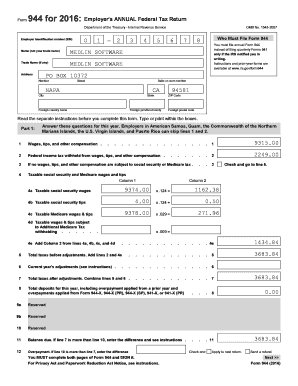 Fillable Online 944 for 2016: Employer's ANNUAL Federal Tax Return Fax ...