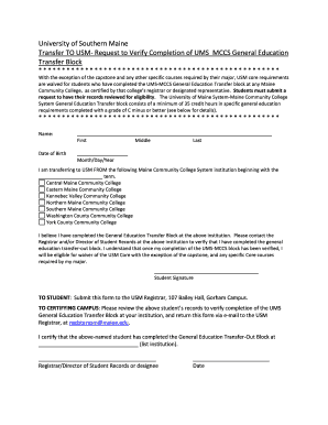 Fillable Online usm maine Transfer TO USM- Request to Verify Completion ...