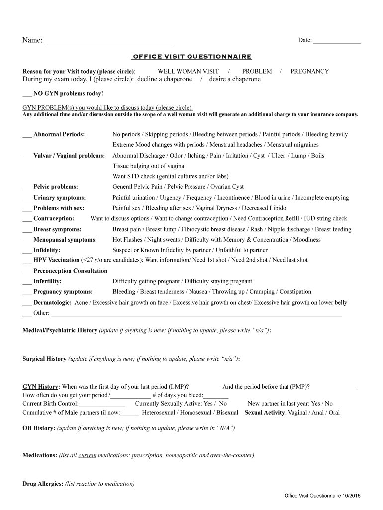Fillable Online Office Visit Questionnaire Fax Email Print - pdfFiller