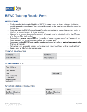 Fillable Online ryerson BSWD Tutoring Receipt Form - Ryerson University ...