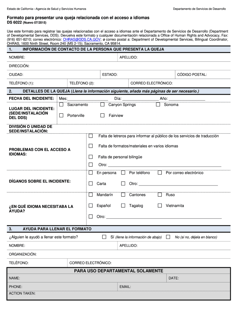 Fillable Online dds ca DS 6022, Language Access Complaint Form (Spanish ...