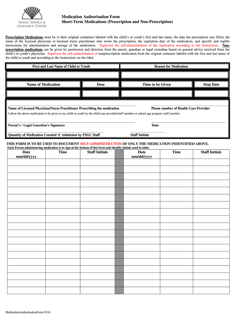 Fillable Online Medication Authorization Form Short-Term Medications ...