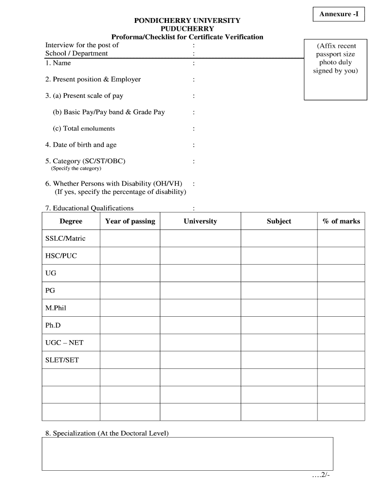 Fillable Online Annexure -I PONDICHERRY UNIVERSITY PUDUCHERRY Proforma ... Fax Email Print ...