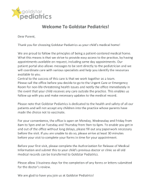Fillable Online New Patient Welcome Packet - Goldstar Pediatrics. Fax ...