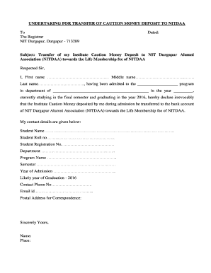 Fillable Online UNDERTAKING FOR TRANSFER OF CAUTION MONEY DEPOSIT TO ...