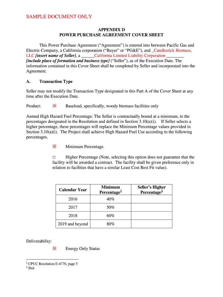 Fillable Online POWER PURCHASE AGREEMENT COVER SHEET Fax Email Print ...