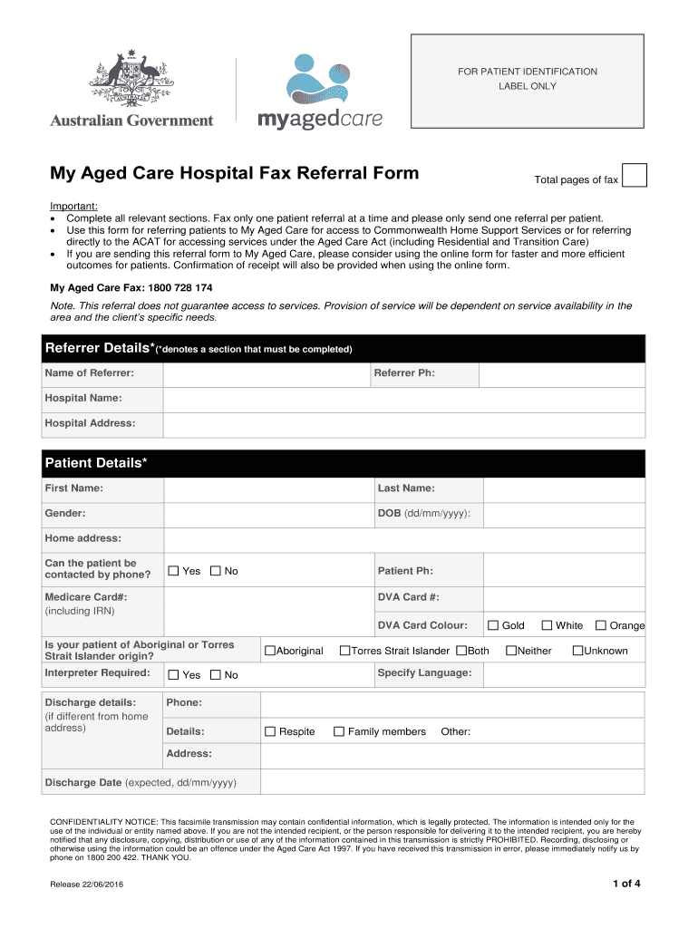 Fillable Online My Aged Care Hospital Fax Referral Form - Ageing and ...