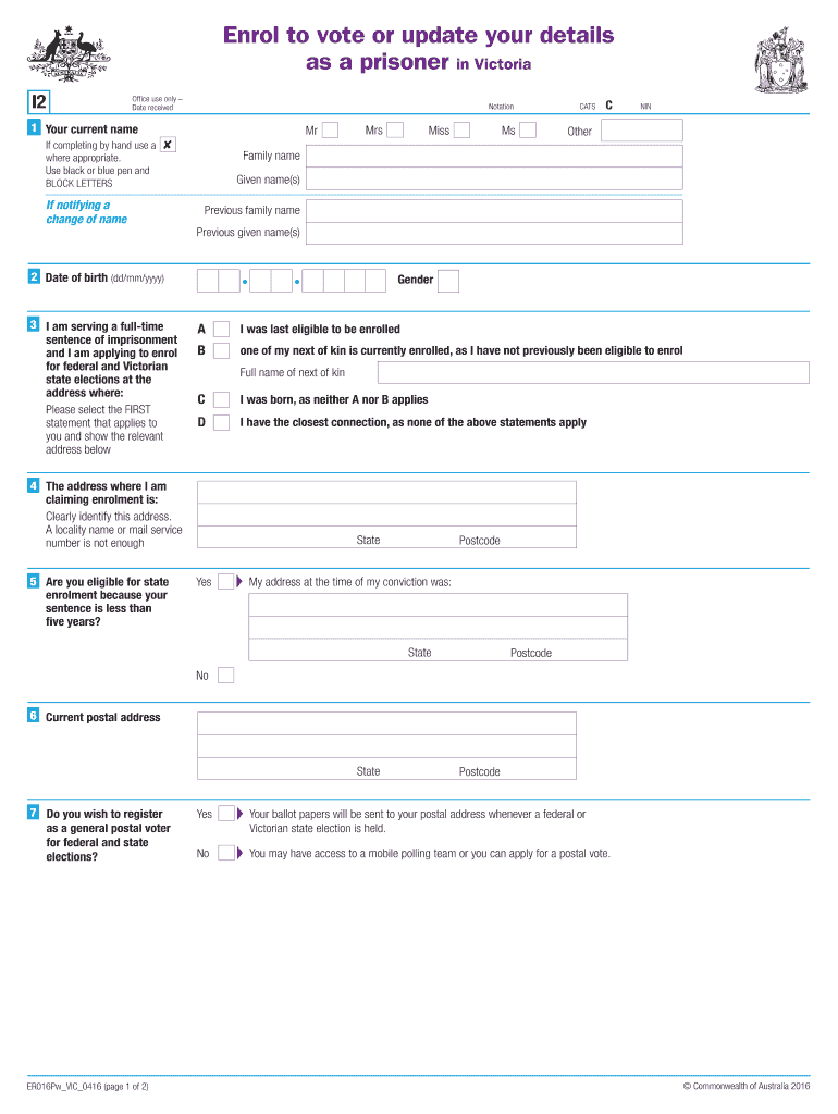 Fillable Online Enrol to vote or update your details as a prisoner in ...