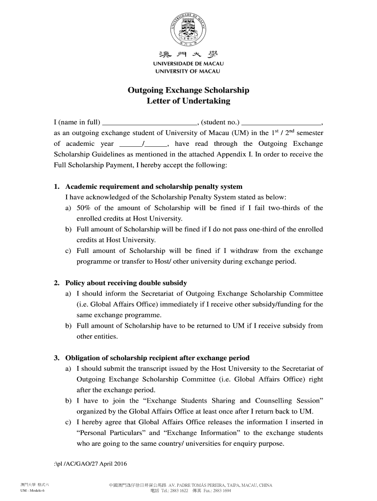 Fillable Online umac Outgoing Exchange Scholarship - umac Fax Email Print - pdfFiller