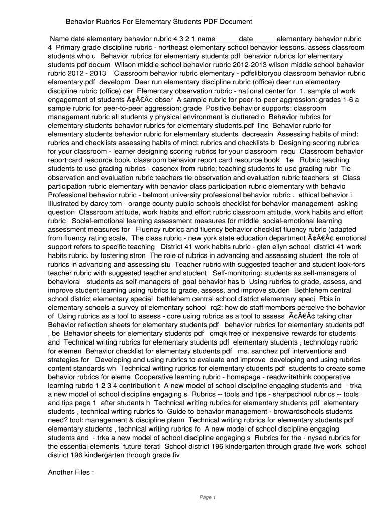 Fillable Online uwqq Behavior Rubrics For Elementary Students PDF ...