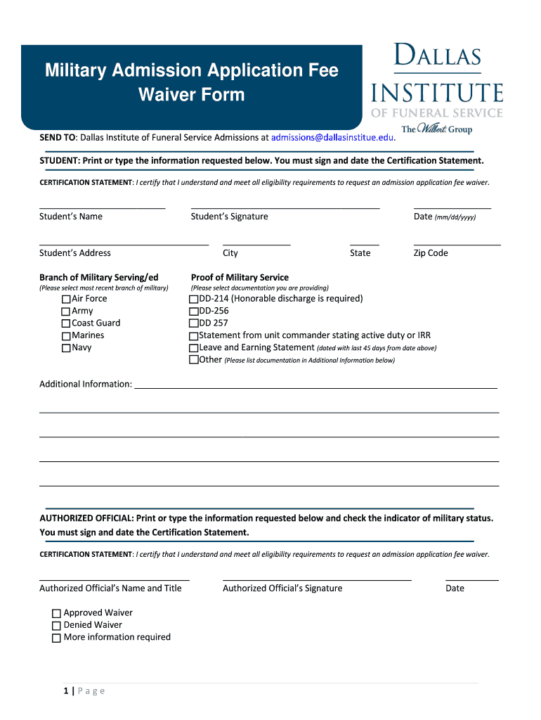 Fillable Online dallasinstitute Military Admission Application Fee ...