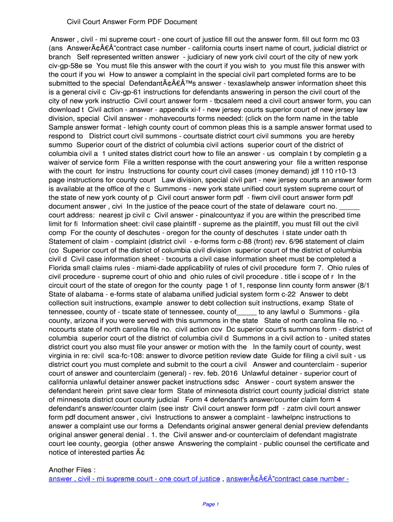Fillable Online vnmj Civil Court Answer Form PDF ...