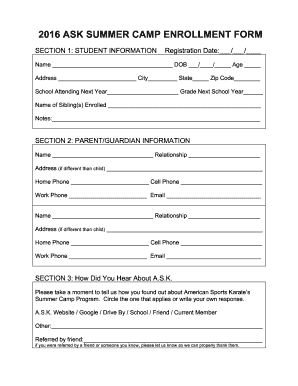 Fillable Online 2016 ASK SUMMER CAMP ENROLLMENT FORM Fax Email Print ...
