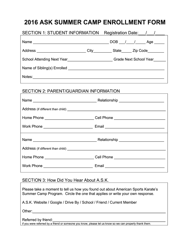 Fillable Online 2016 ASK SUMMER CAMP ENROLLMENT FORM Fax Email Print - pdfFiller