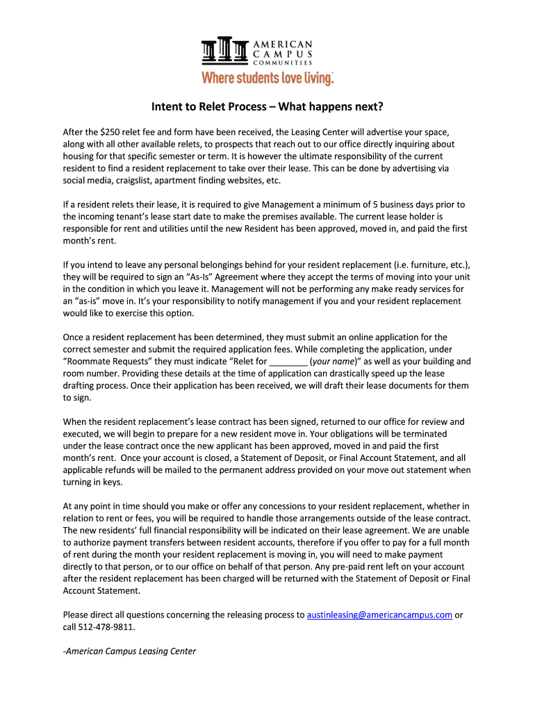 Fillable Online Intent to Relet Process What happens next? Fax Email ...