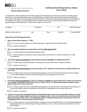 Fillable Online bgsu 2017-2018 Confirmation of Dependency Status - Bowling Green ... Fax Email ...