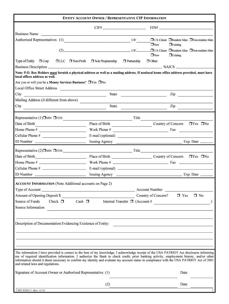 Fillable Online ENTITY ACCOUNT OWNER / REPRESENTATIVE CIP INFORMATION ...