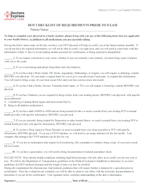 Fillable Online DOT CHECK LIST OF REQUIREMENTS PRIOR TO EXAM Fax Email ...