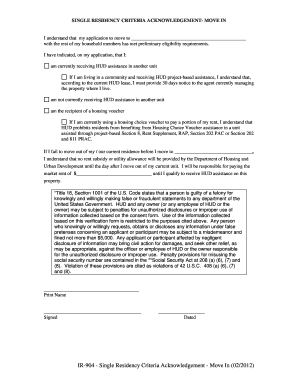 Fillable Online IR-904 - Single Residency Criteria Acknowledgement - Move In-120227.doc Fax ...
