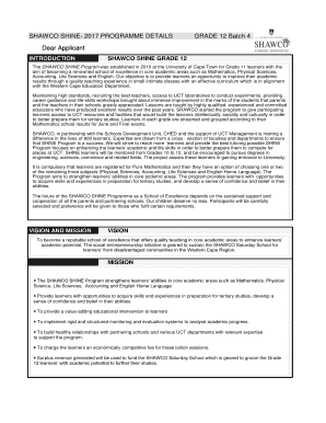 Fillable Online shawco SHAWCO SHINE- 2017 PROGRAMME DETAILS GRADE 12 ...