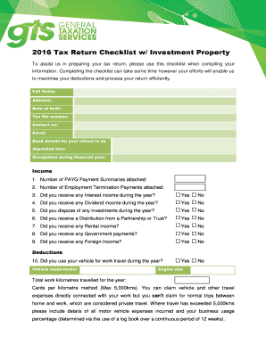 Fillable Online 2016 Tax Return Checklist w/ Investment Property Fax ...