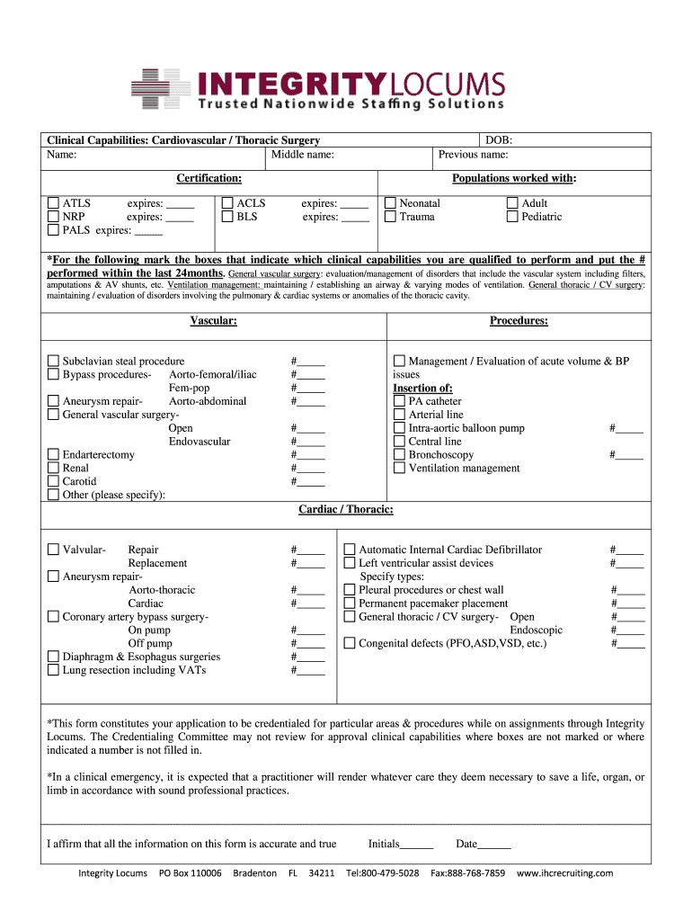 Fillable Online Clinical Capabilities: Cardiovascular / Thoracic ...