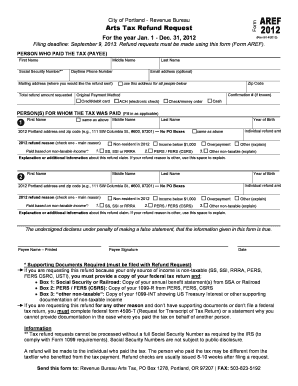 Fillable Online City of Portland - Revenue Bureau Form AREF Arts Tax ...