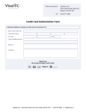 Fillable Online Credit Card Authorization Form - visahq.ca Fax Email ...