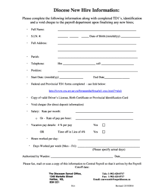 Fillable Online Diocese New Hire Information: Fax Email Print - pdfFiller