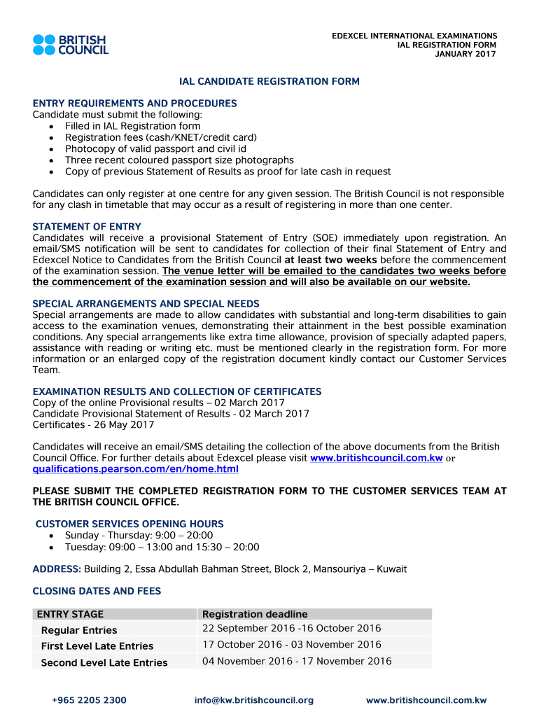Fillable Online IAL CANDIDATE REGISTRATION FORM ENTRY REQUIREMENTS Fax ...