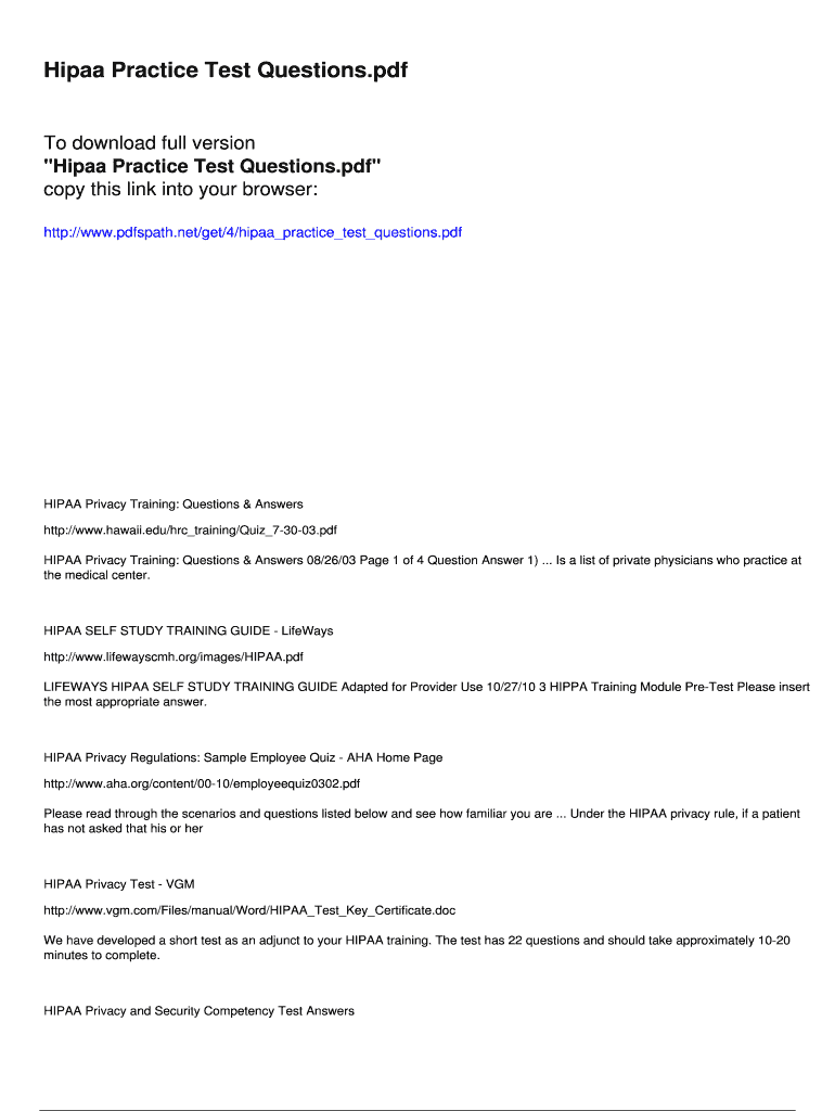 Fillable Online Hipaa Practice Test Questions - pdfslibforme.com Fax ...