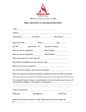 Fillable Online dog training class registration form - Animal Den Pet ...