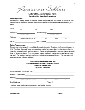 Fillable Online csueastbay Letter of Recommendation Form Required for Non-EOP Students Fax Email ...
