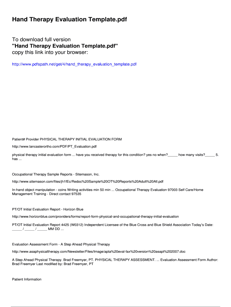 Fillable Online Hand Therapy Evaluation Template - pdfslibforme.com Fax ...