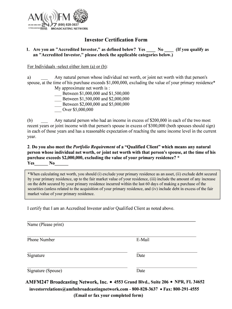 Fillable Online Accredited Investor Certification Form Fax Email Print - pdfFiller