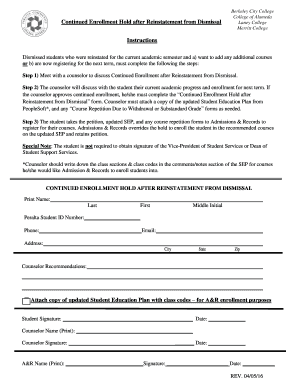 Fillable Online web peralta Continued Enrollment Hold after ...