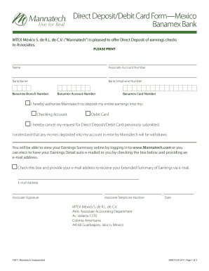 Fillable Online Direct Deposit/Debit Card Form Mexico Banamex Bank Fax ...