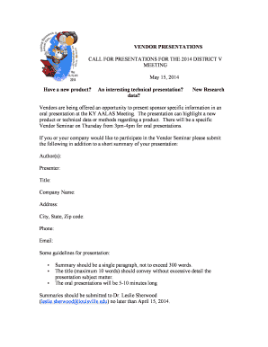 Fillable Online kyaalas VENDOR PRESENTATIONS CALL FOR PRESENTATIONS FOR ...