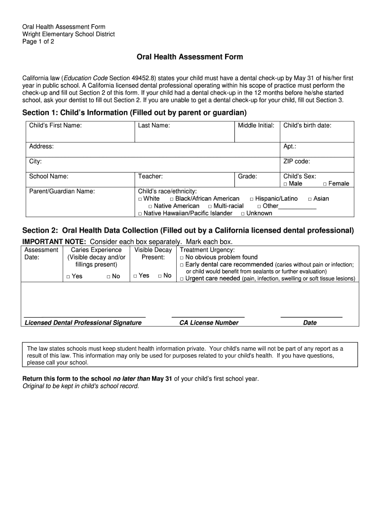 Fillable Online wrightesd Oral Health Assessment Form - Health Services ...